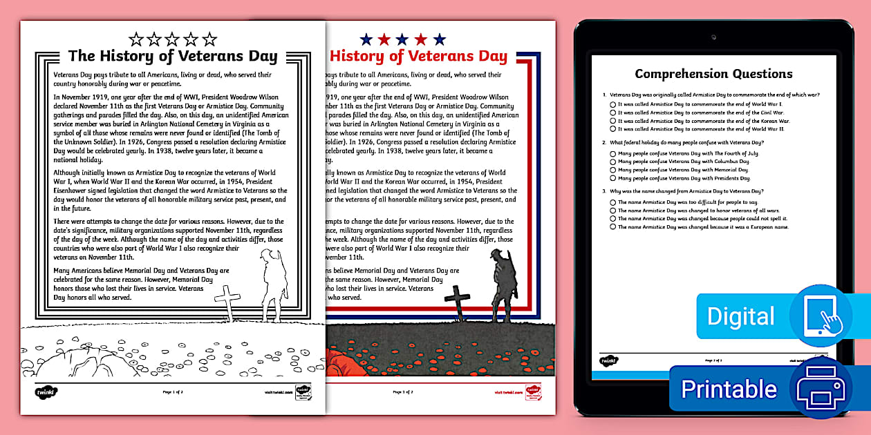 Eighth Grade The History of Veterans Day Reading Passage Comprehension