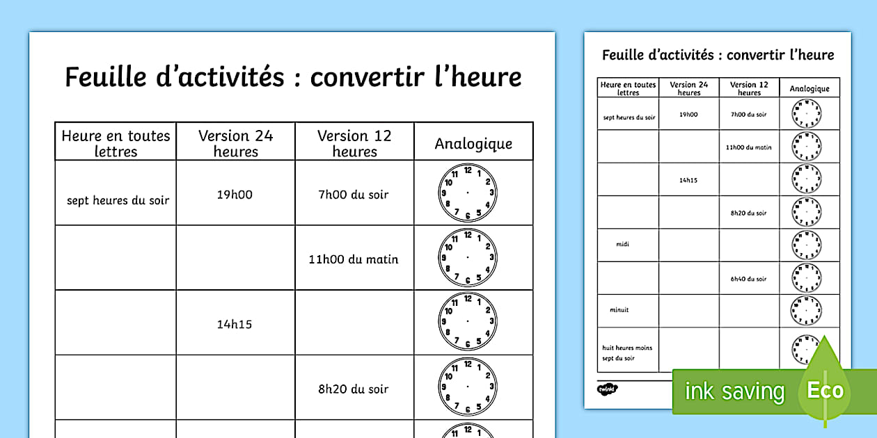 Feuille d'activités : convertir l'heure - Twinkl