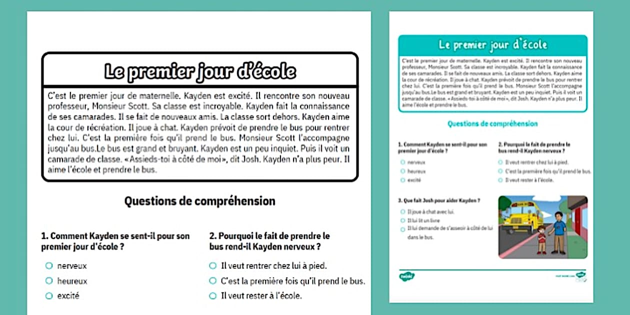 Compréhension à la lecture - Le premier jour d'école