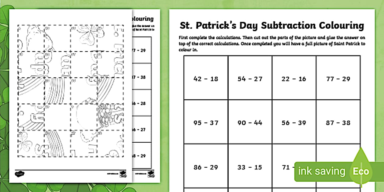 NI St. Patrick's Subtraction Colouring Worksheet / Worksheet