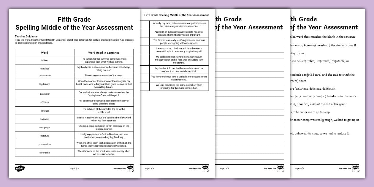 Fifth Grade Middle of the Year ELA Spelling Assessment