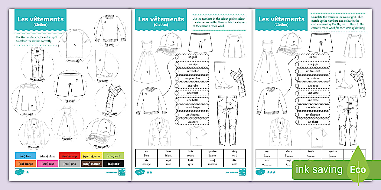 French: Clothes Colouring and Matching Activity Sheet