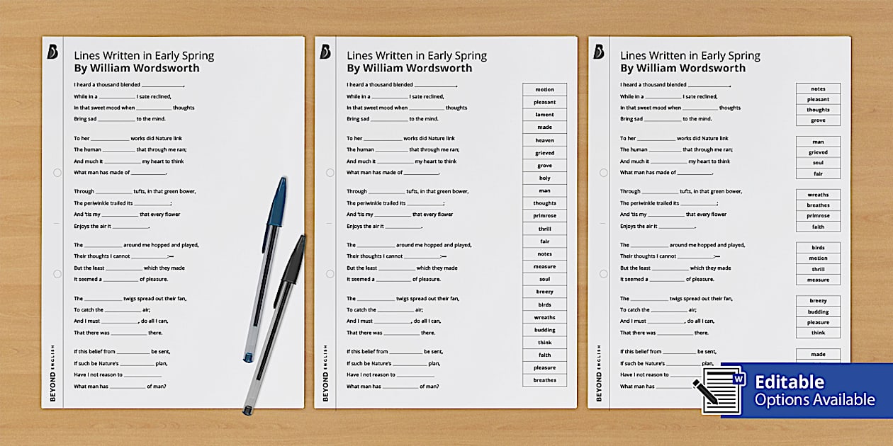 Lines Written in Early Spring Cloze Activity (teacher made)