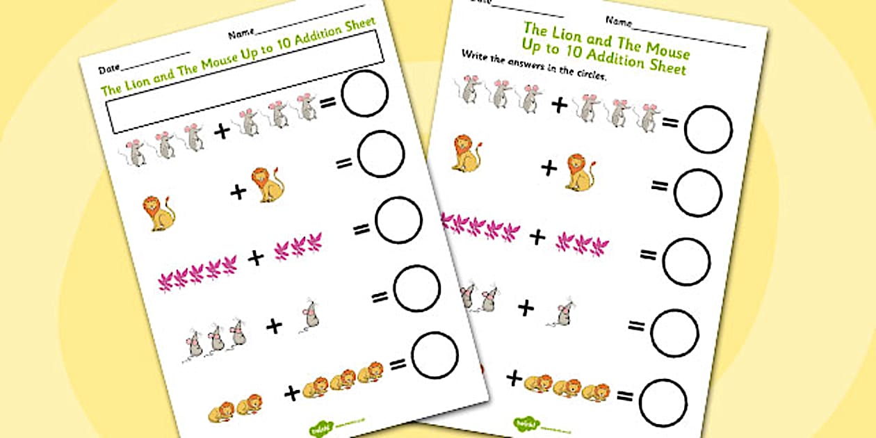 The Lion And The Mouse Up to 10 Addition Sheet - Twinkl