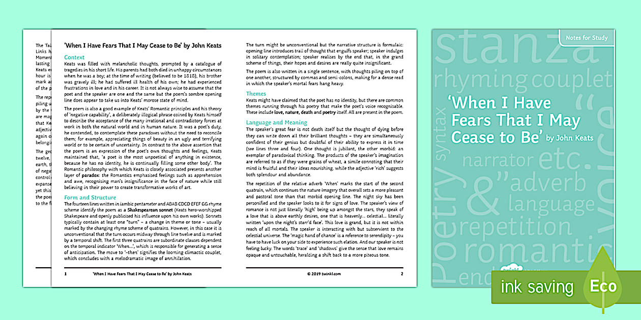 GCSE Poetry Notes for Study - When I Have Fears... - Twinkl