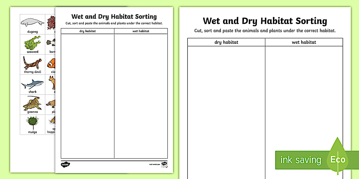 Black and White Wet and Dry Habitat Sorting Worksheets