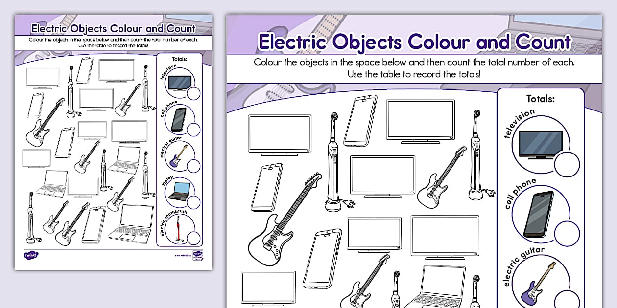 Electric Objects Colour And Count Worksheet Teacher Made