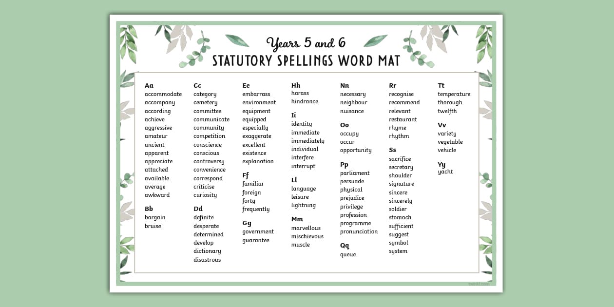 Botanical-Themed Year 5 and Year 6 Statutory Spellings Word Mat