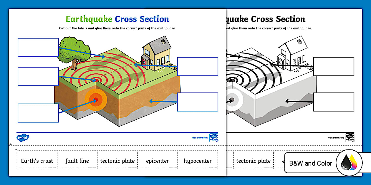 Earthquake Cross Section Labeling Worksheet for 3rd-5th Grade