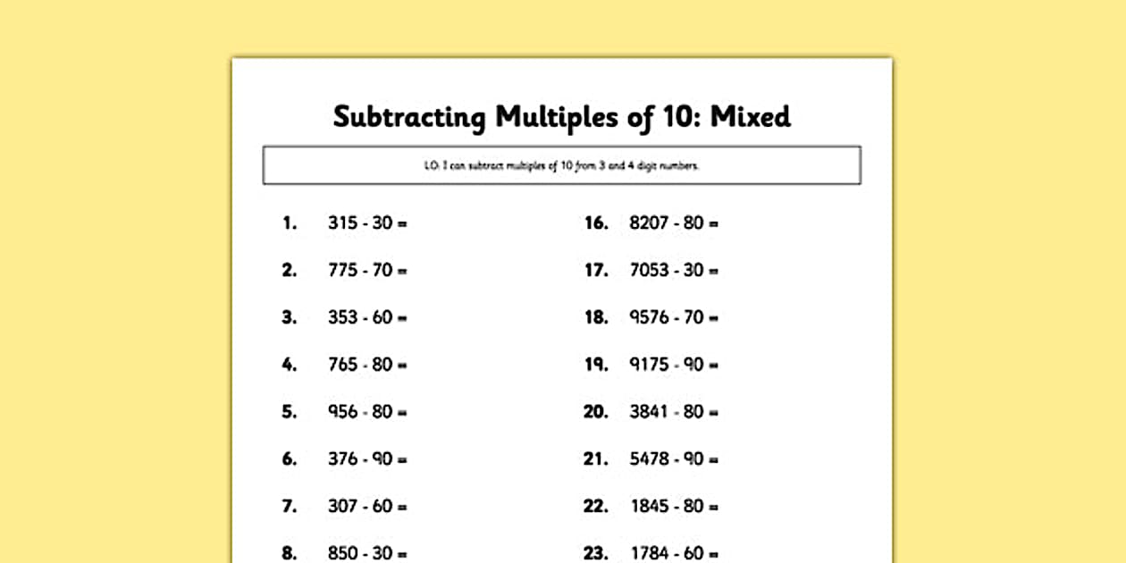 Subtracting Multiples of 10 Worksheets (teacher made)
