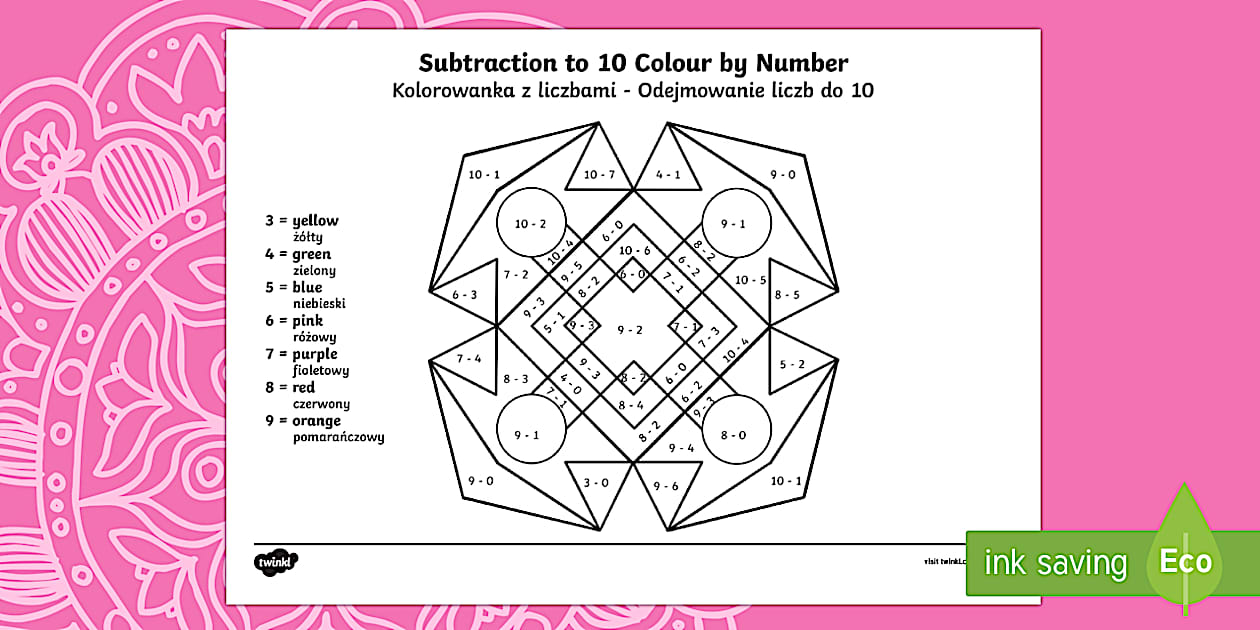 Rangoli Pattern Subtraction to 10 Colour by Number English/Polish