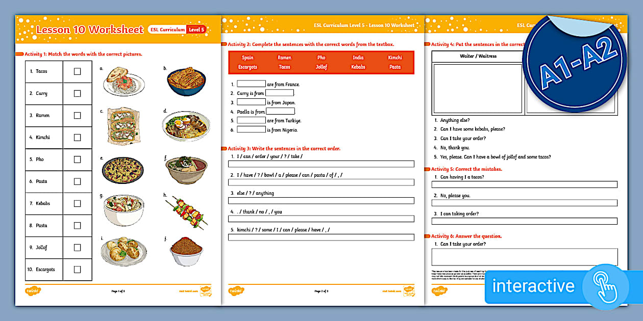 ESL Curriculum Level 5, Lesson 10 Interactive Worksheet