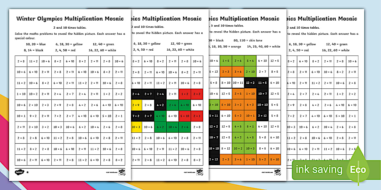 Middle Ability Winter Sports 2, 5 and 10 Times Tables Maths Mosaic ...