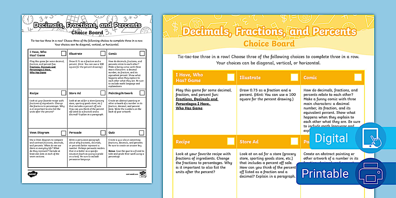 Decimals, Fractions, and Percents Math Choice Board for 3rd-5th Grade