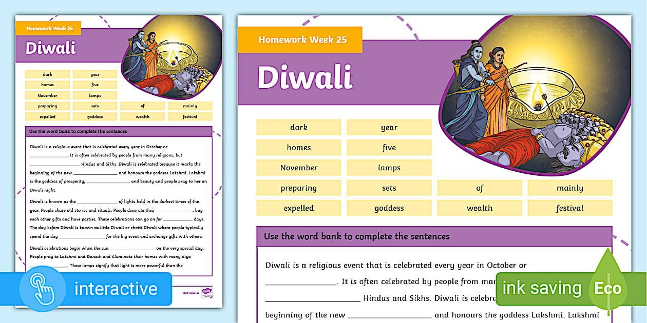 Cloze Procedure Homework Week 25 Diwali 3rd/4th Class