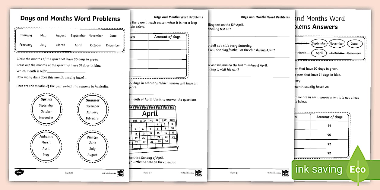 Days and Months Word Problems Activity Sheet - Australia