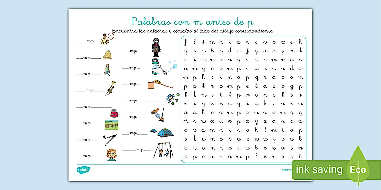 Sopa de letras: Palabras con m antes de p - Twinkl