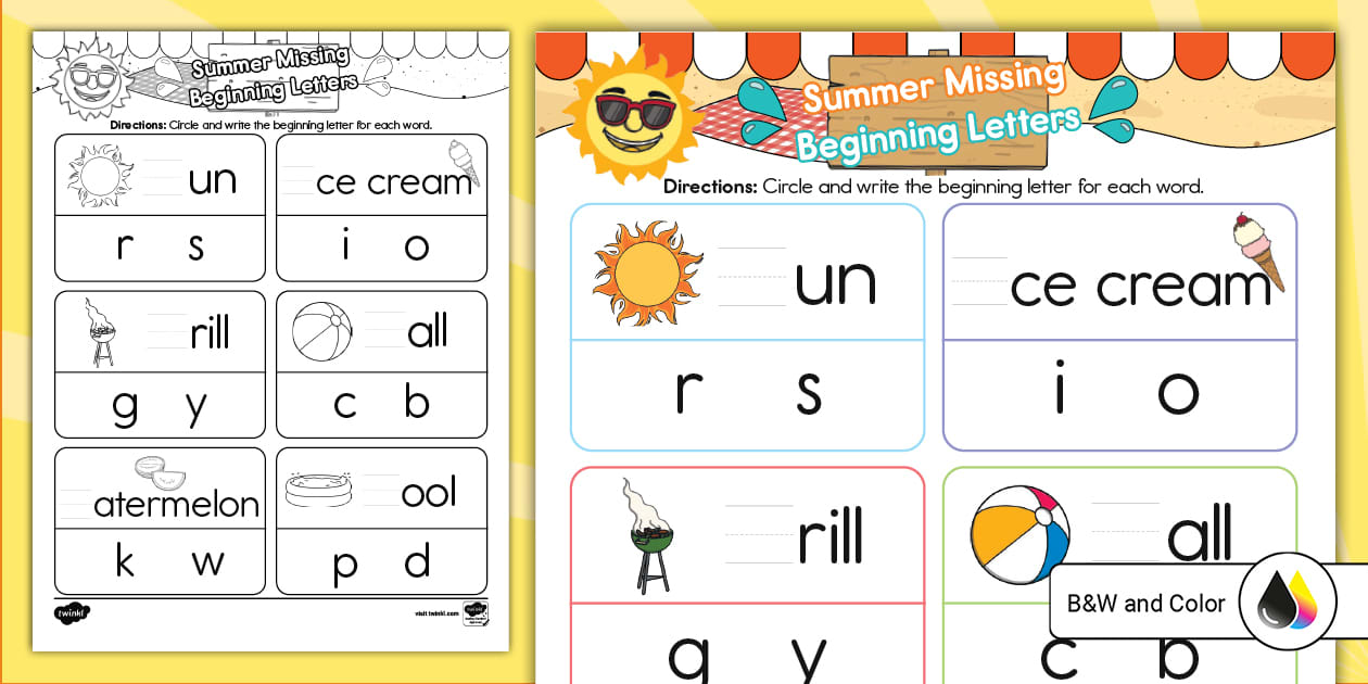Early Childhood Summer Missing Beginning Letter Worksheet