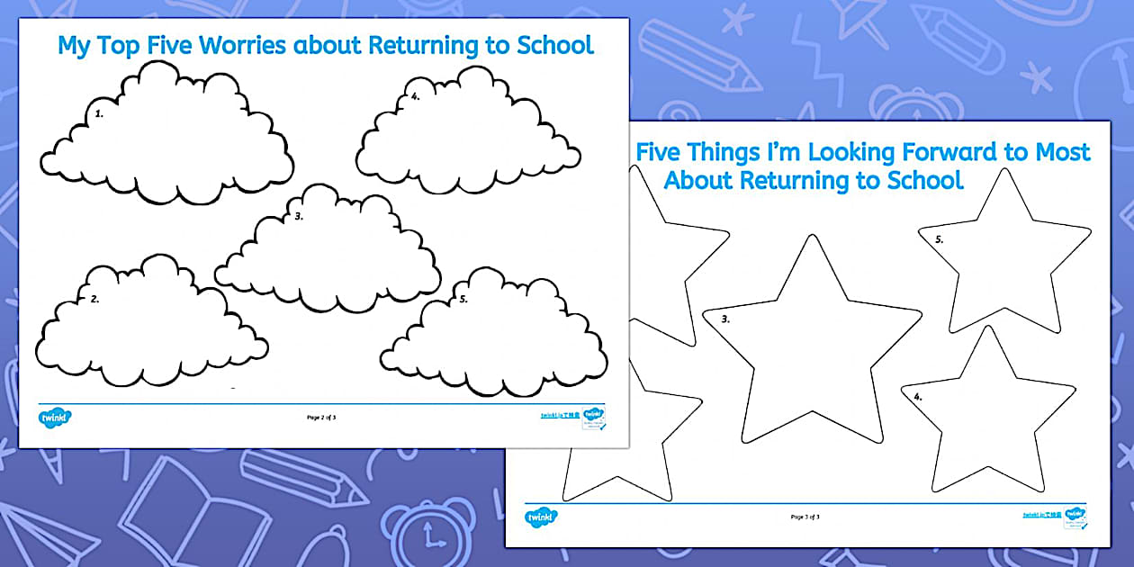 新学期の心配事・楽しみにしていること Back to School Top Five Worries Worksheet for Kids