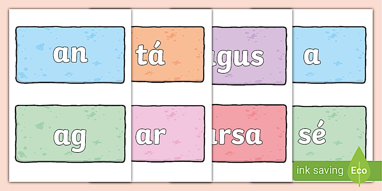 High Frequency Irish Words (1-40) Coloured Bricks Word Wall Gaeilge