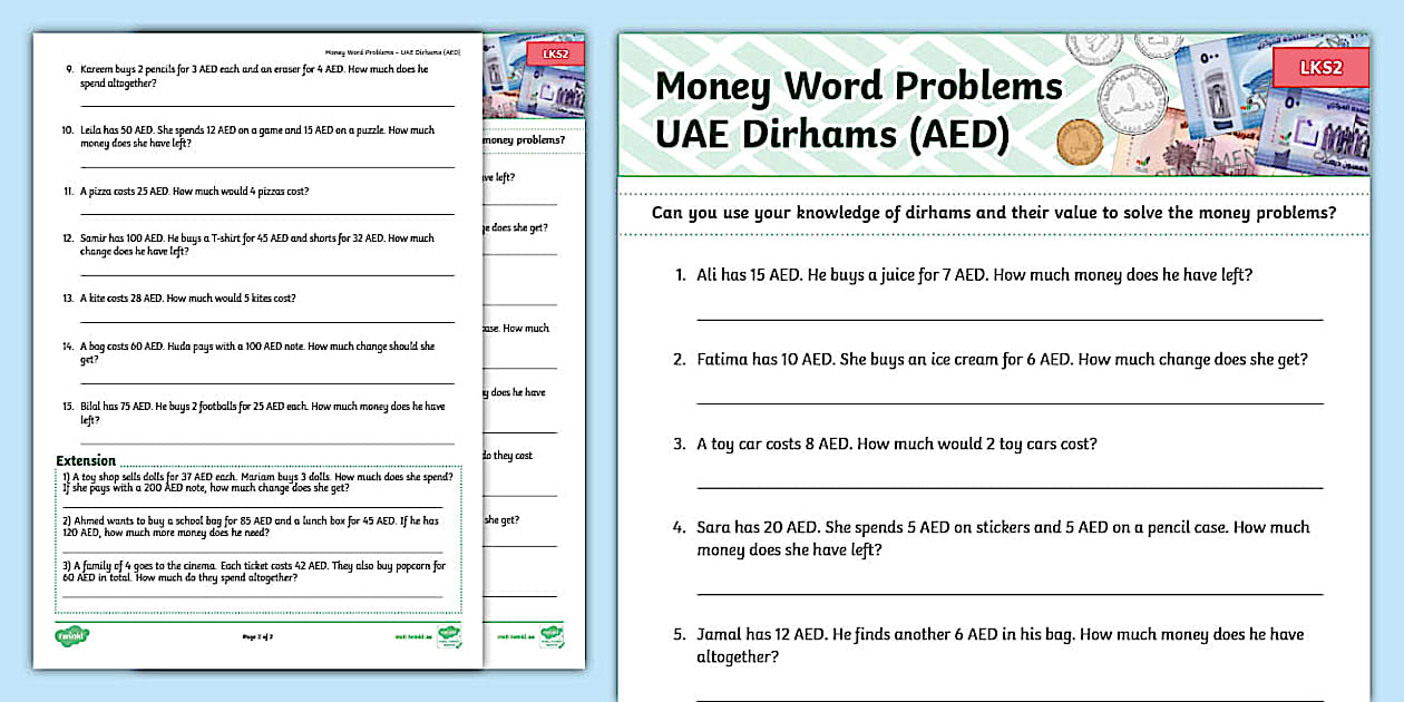 LKS2 UAE Money Problems (teacher made) - Twinkl