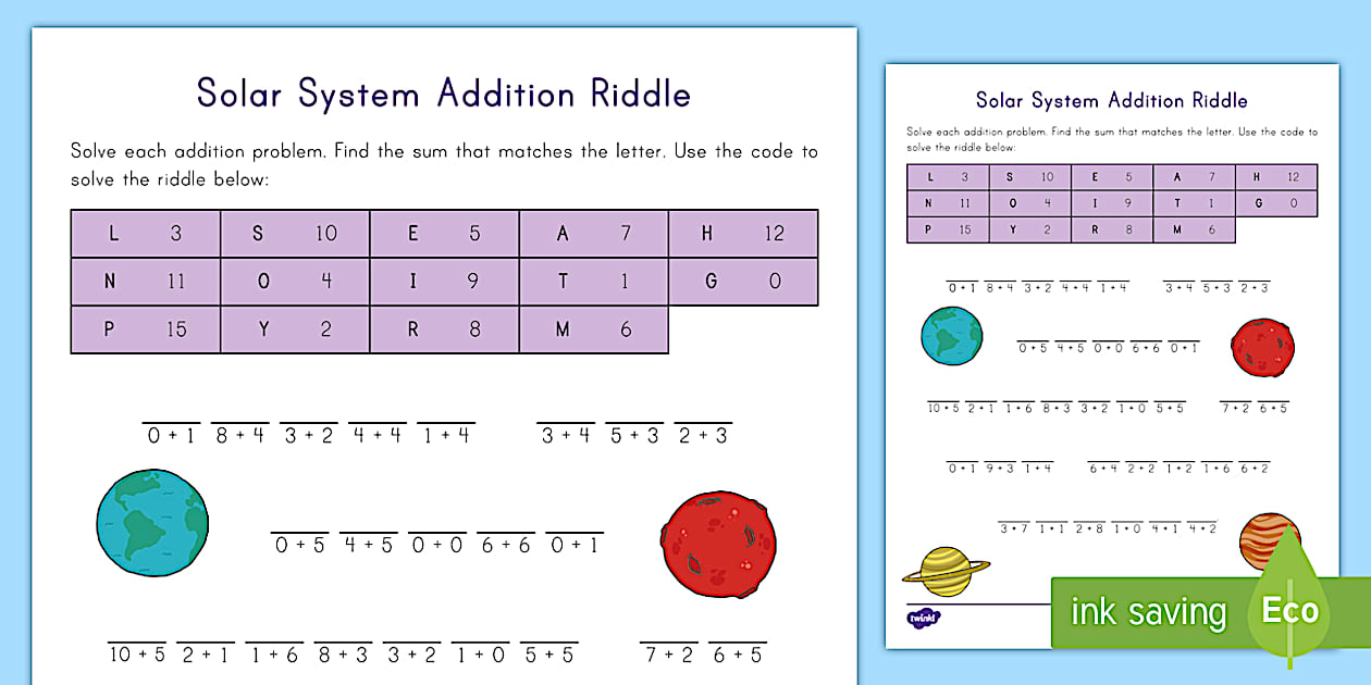 Solar System Addition Riddle Worksheet - Math Resources - USA