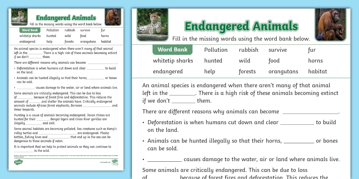 KS1 Endangered Animals Cloze Worksheet | Missing Words