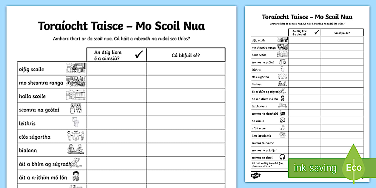 Tóraíocht Taisce - Mo Scoil Nua Leathanach Oibre - Twinkl