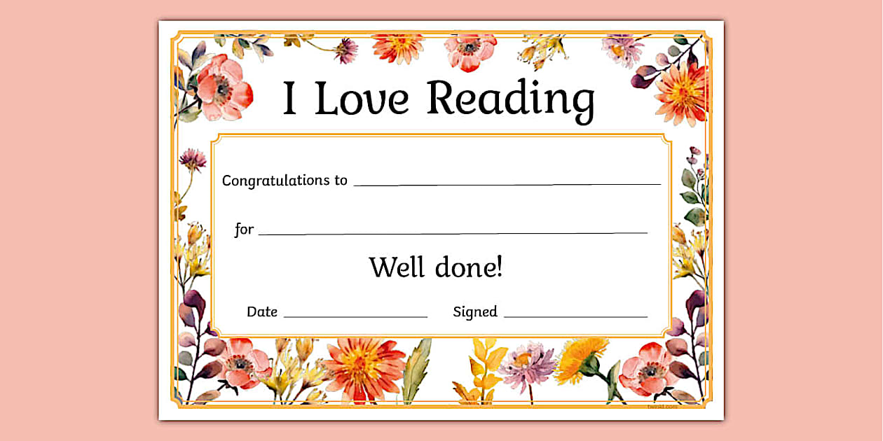Wildflower Botanical Themed I Love Reading Certificate Wildflower Botanical Themed I Love Reading Certificate