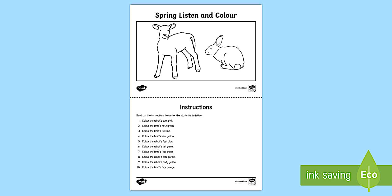 Springtime Listen and Colour Three Key Words Worksheet / Worksheet