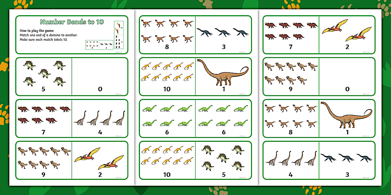 👉 Dinosaur Number Bonds of 10 Dominoes (Teacher-Made)