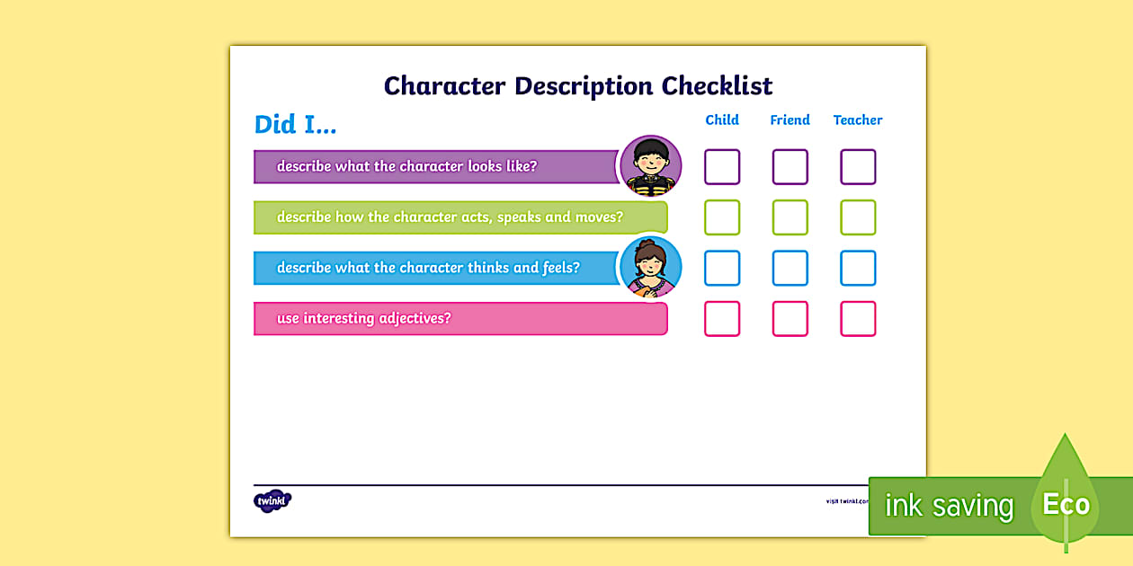KS1 Character Description Checklist (teacher made) - Twinkl