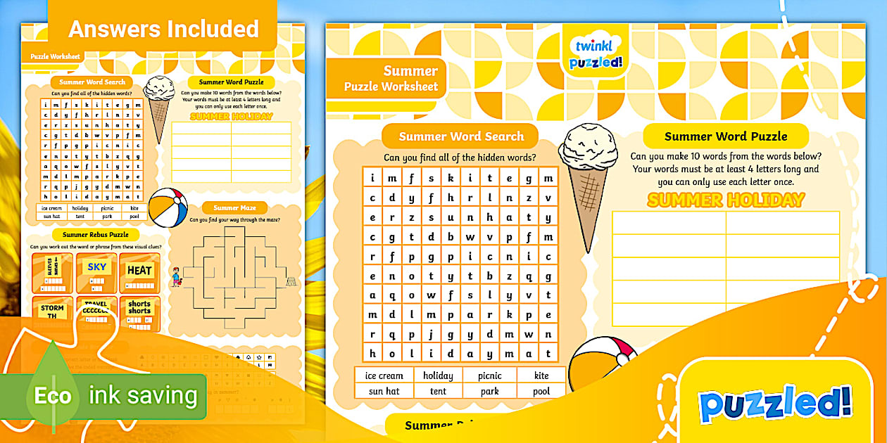 summer puzzle worksheet - Twinkl Puzzled - kids - Twinkl