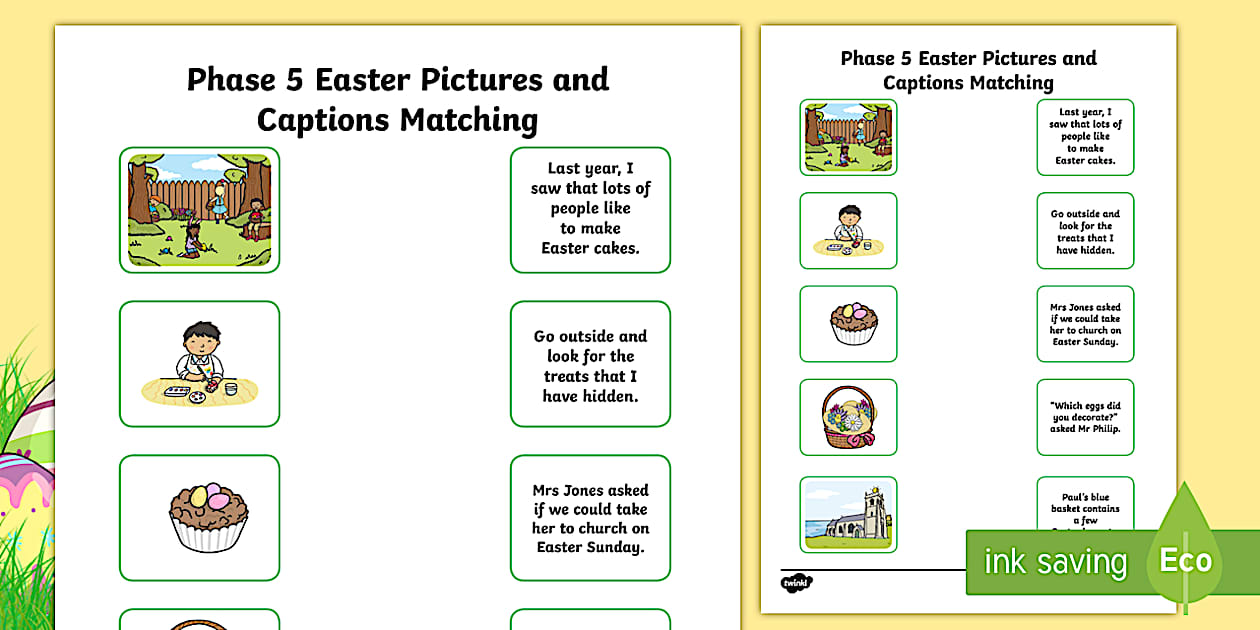 Phase 5 Easter Pictures and Captions Matching Worksheet