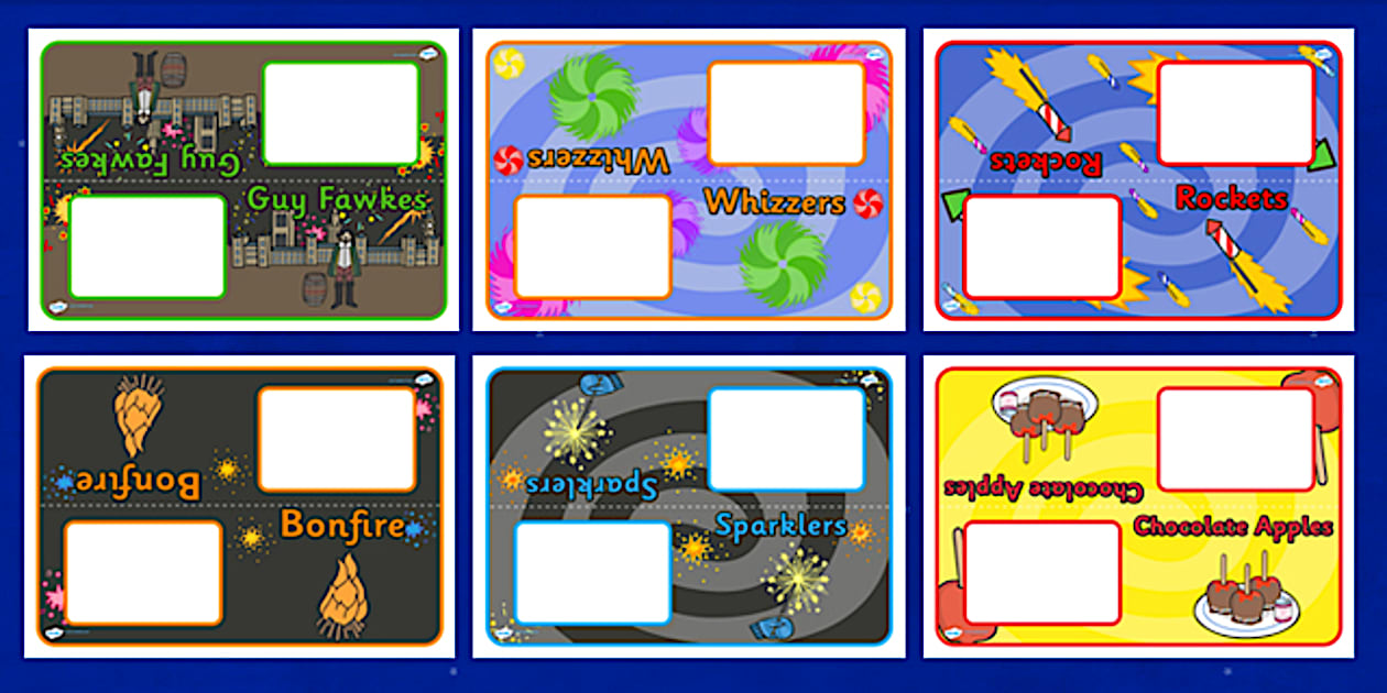 Bonfire Night Group Fireworks Table Signs - Twinkl