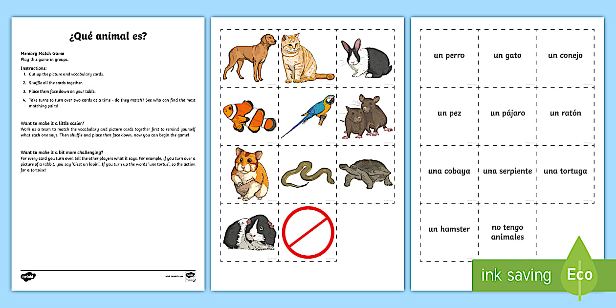 Black and White Pets Memory Match Game Spanish - Twinkl