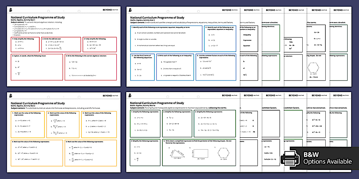 Black and White KS3 Maths National Curriculum - Algebra Revision Mats Set 1
