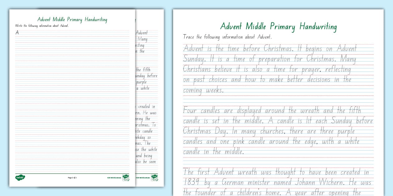 Advent Middle Primary Handwriting Practise Worksheet