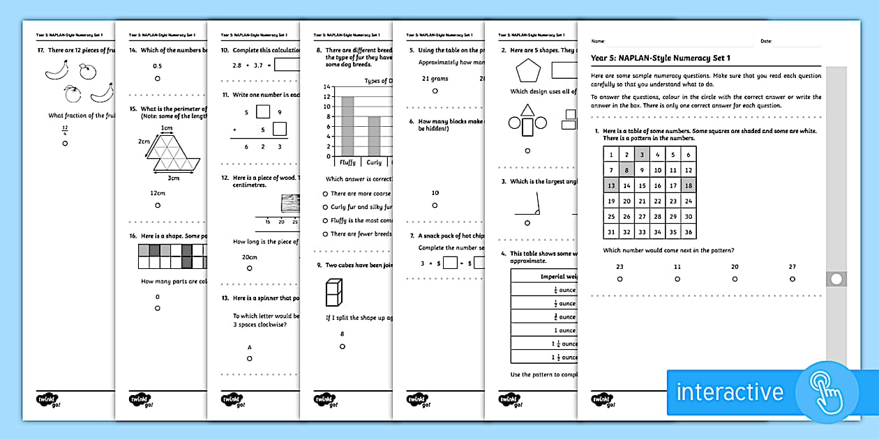 NAPLAN-Style Numeracy Example Tests - Set 1 Year 5 Numeracy Sample ...