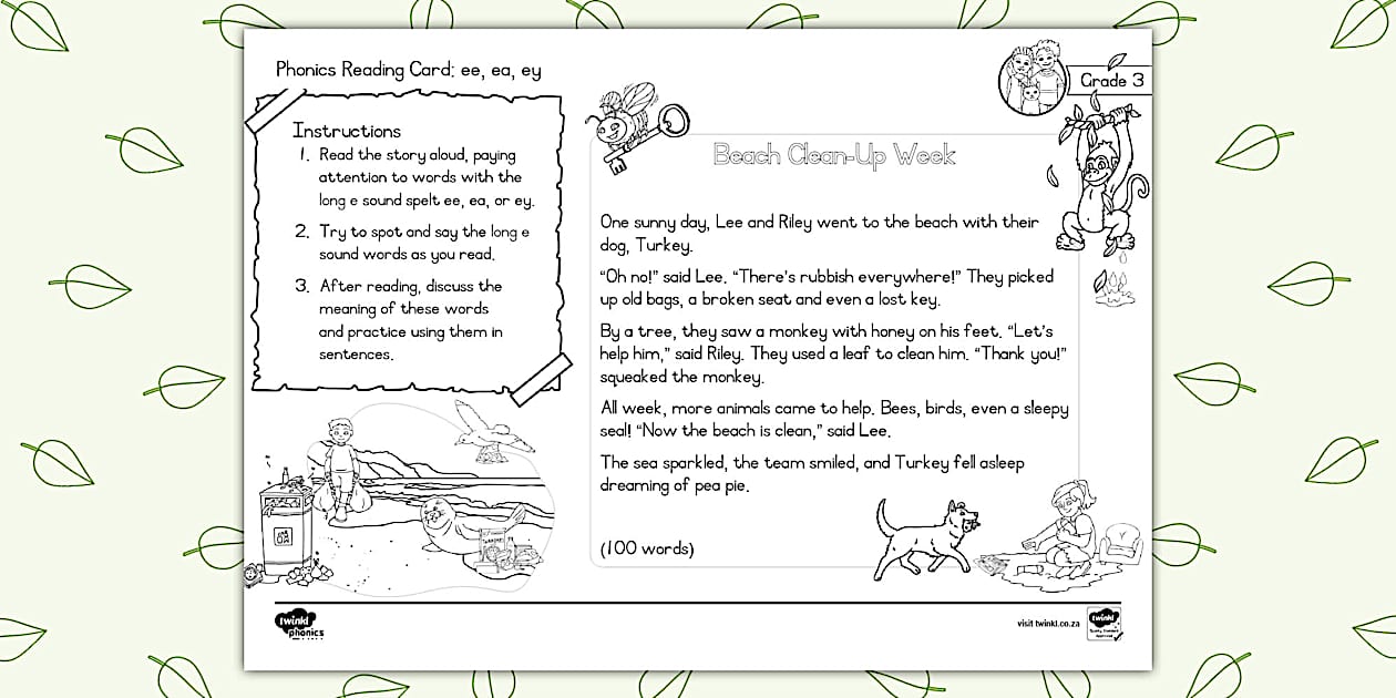Grade 3 Phonics Reading Card: ee, ea, ey - Twinkl