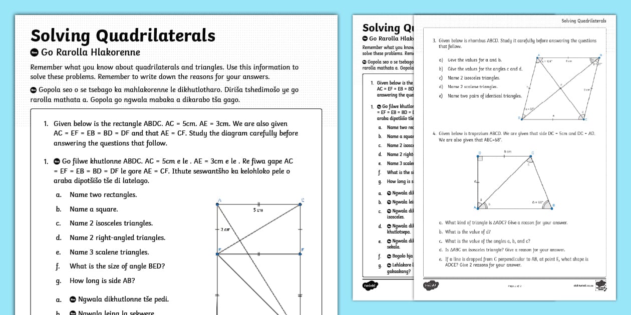Solving Quadrilaterals Activity Sheet – Sepedi - Twinkl