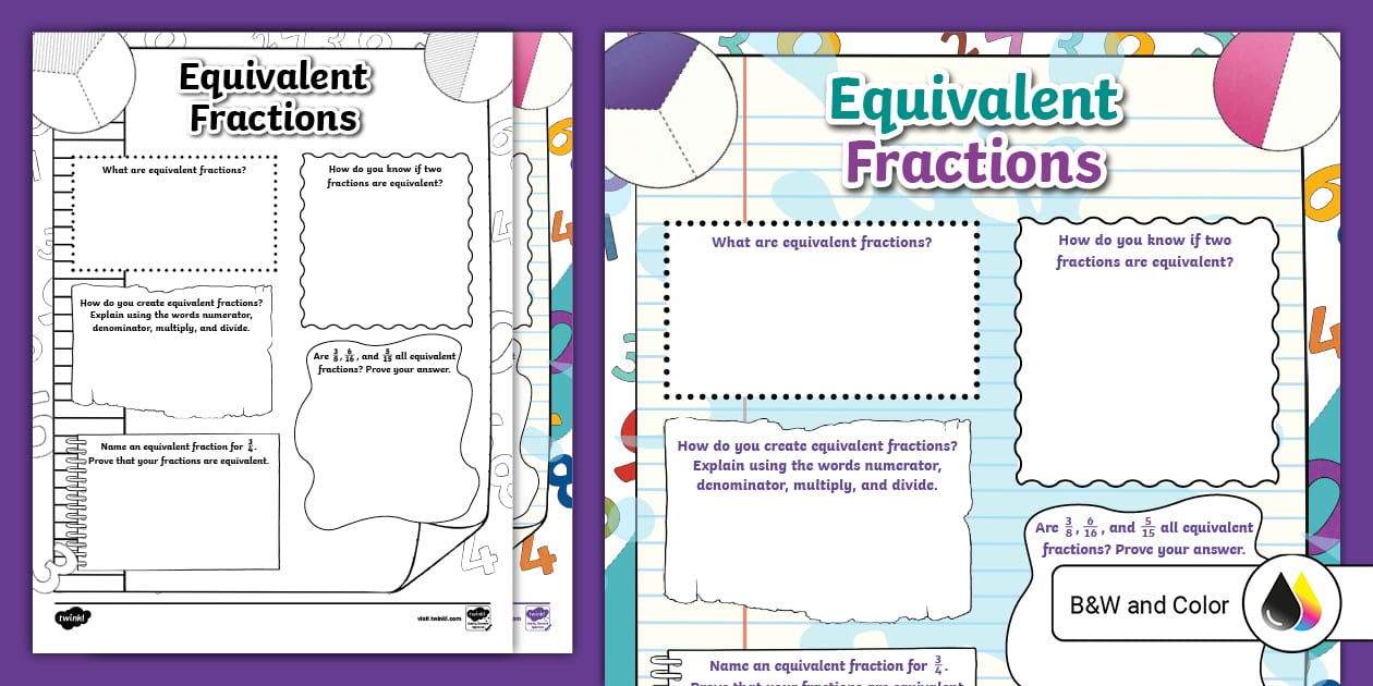 Fourth Grade Equivalent Fractions Math Journal Page - Twinkl