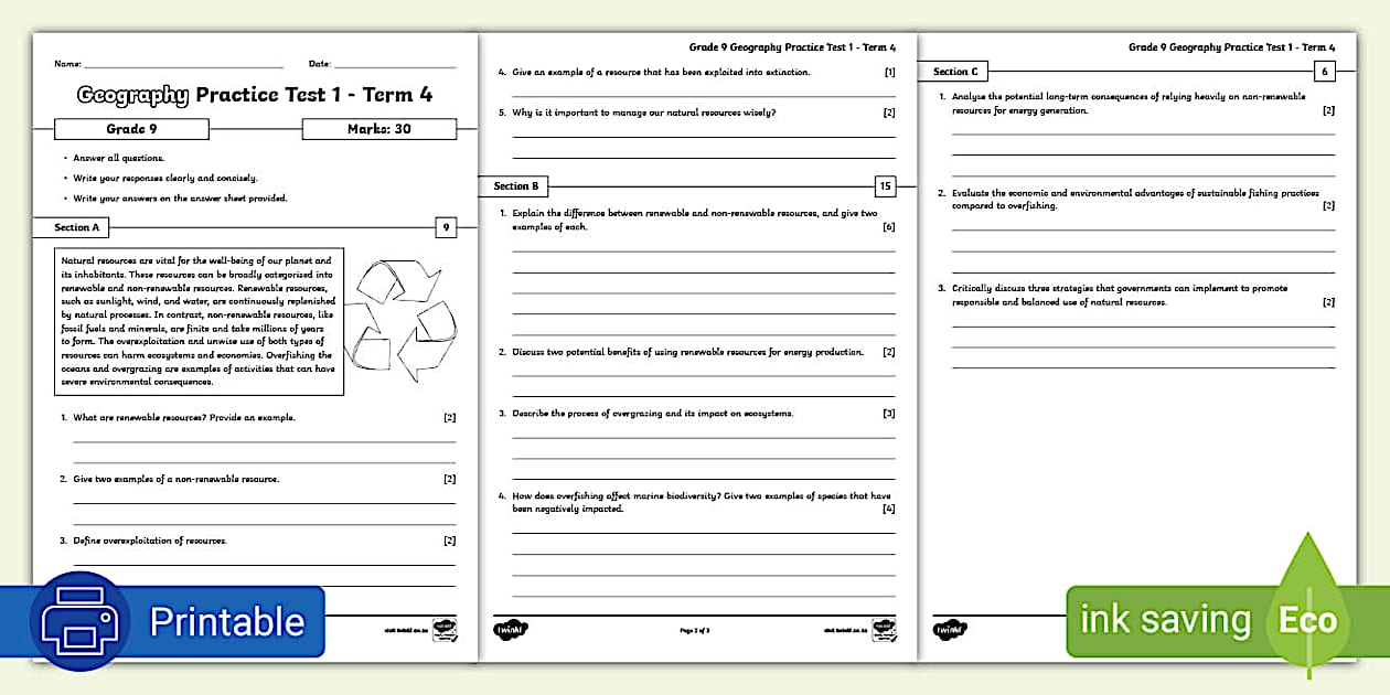 Grade 9 Geography Practice Test 1 - Term 4 (teacher made)