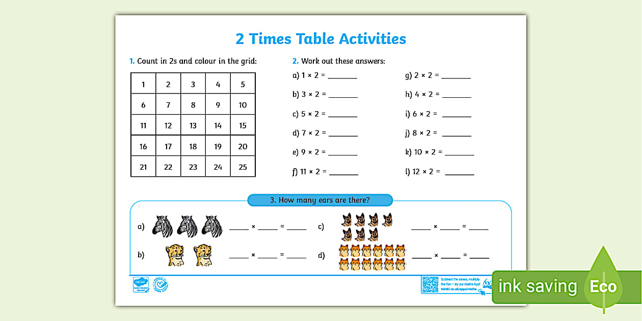 2 Times Table Worksheet - KS1 & KS2 Maths (teacher made)