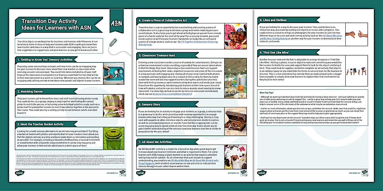 Transition Day Activity Ideas for Learners with ASN - Twinkl