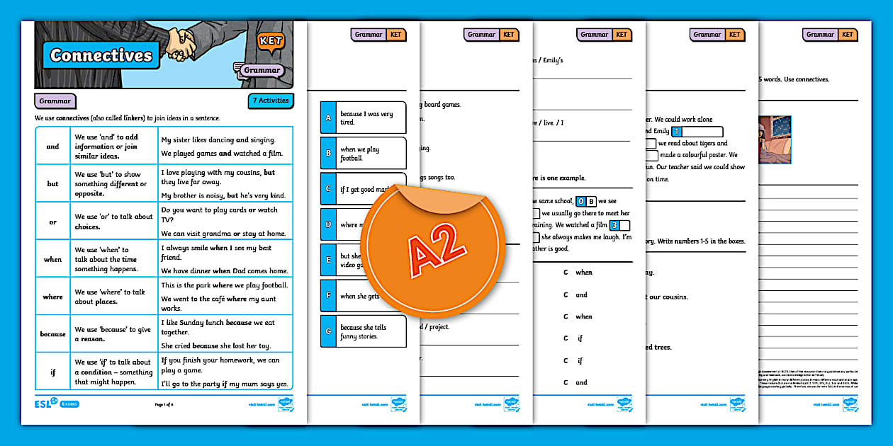 A2 Key (KET) - Connectives Activity Sheet (teacher made)