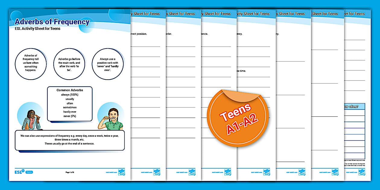 Adverbs of Frequency Activity Sheet for ESL Teens - Twinkl
