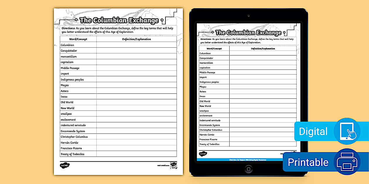 The Columbian Exchange Vocabulary Worksheet for 6th-8th Grade