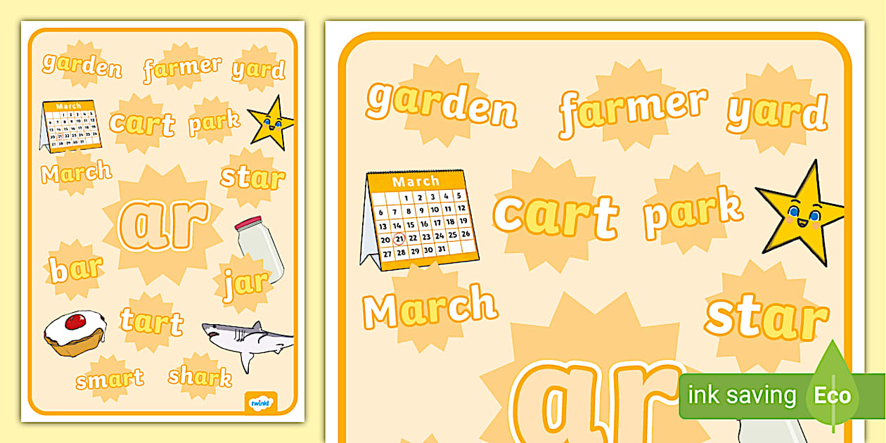 ‘ar’ Family Words Poster. Phonics, Blends and Digraphs.