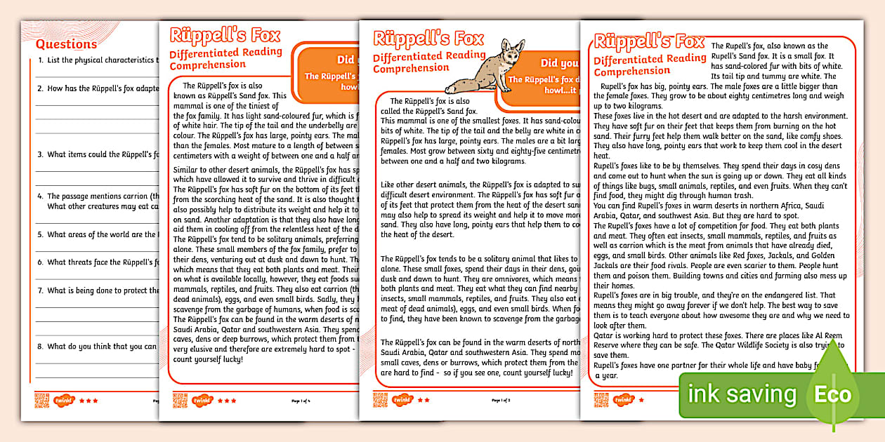 Rüppell's Fox Differentiated Reading Comprehension - Twinkl